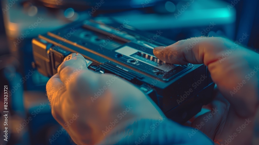 An old VCR with shallow depth of field and bokeh inserts a VHS cassette ...