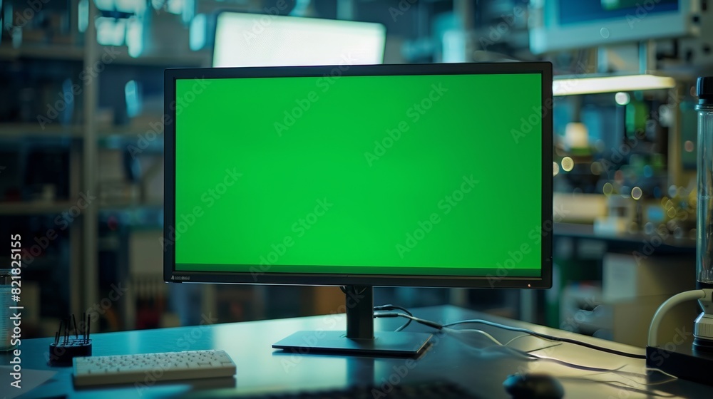 A close-up of a desktop computer monitor with a green screen mock-up ...