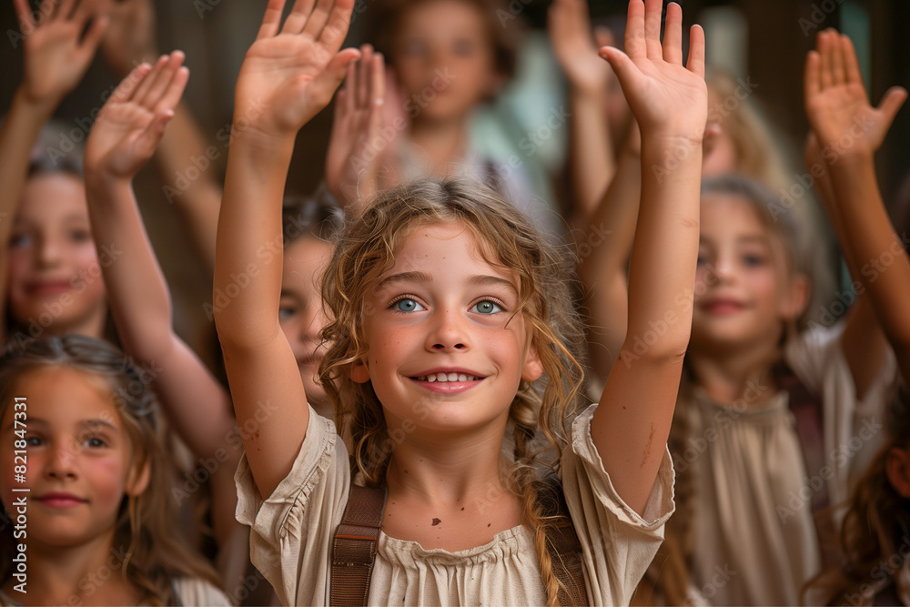 Group of young school children all raising their hands in the air to ...
