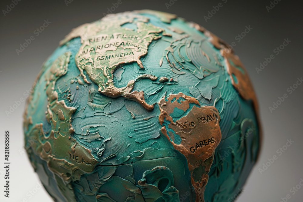 Stylized clay earth globe, with the phrase One Earth embossed across the continents, symbolizing ...