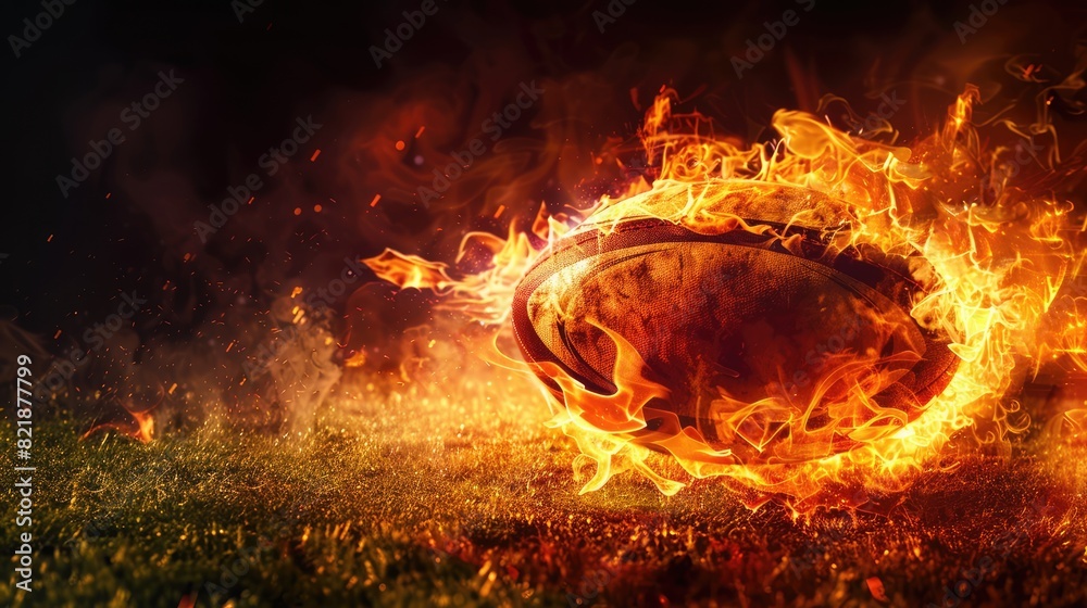 A high-resolution depiction of a rugby ball in flames, shown in motion ...