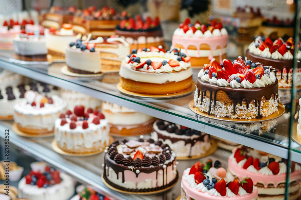 Sweet and cute whole cakes are lined up in a display case full of ...