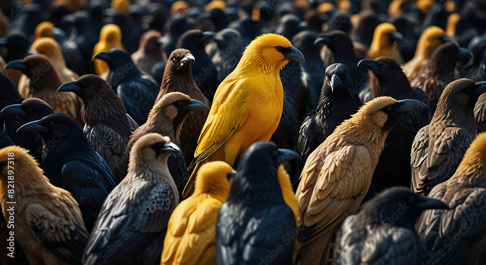 A single yellow crow among a crowd of black crows, concept of standing ...