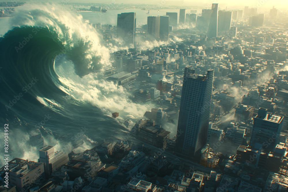 Huge tsunami wave destroying modern city. Great earthquake. Effect of ...