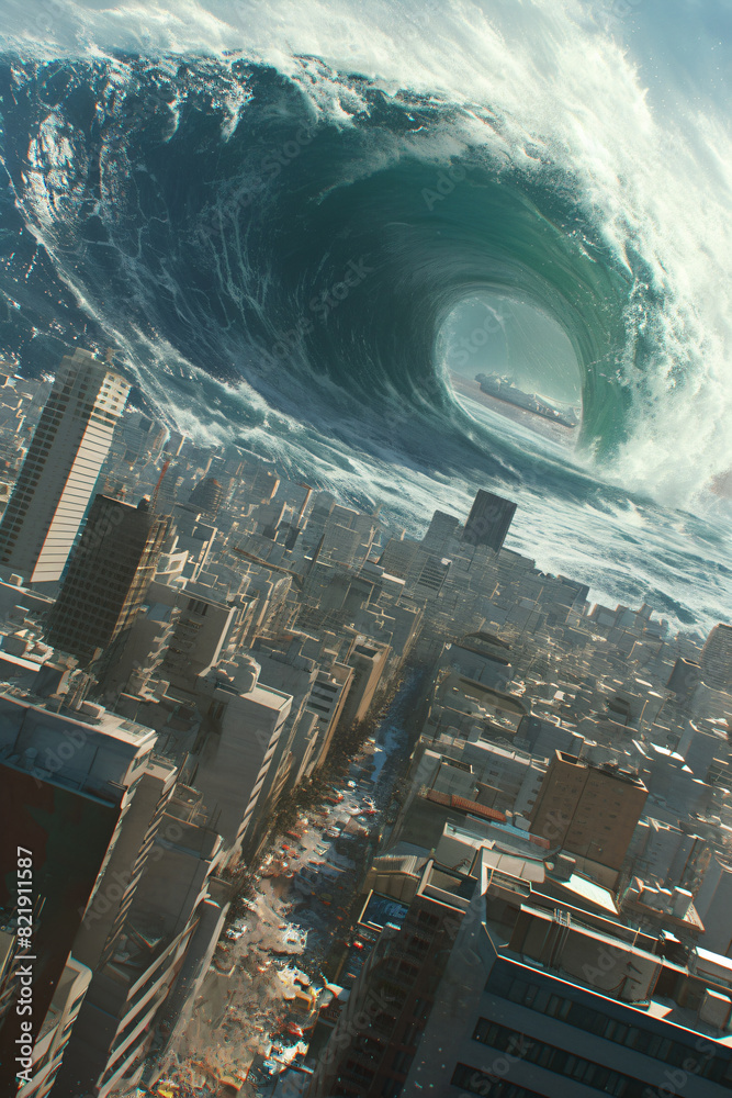 Huge tsunami wave destroying modern city. Great earthquake. Effect of ...
