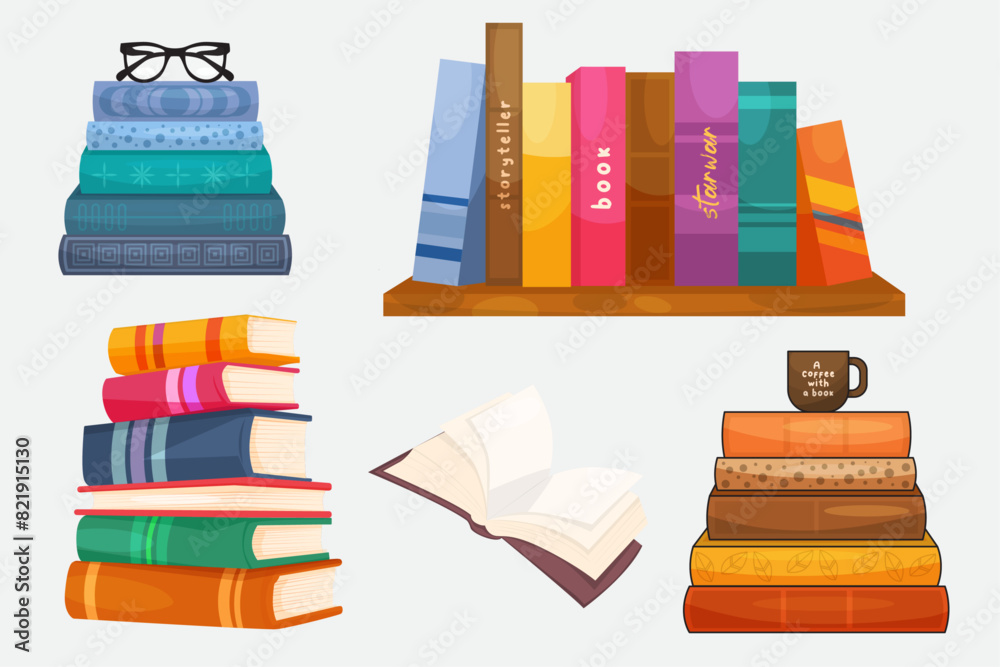 books set vector illustration, Various books set, books standing ...