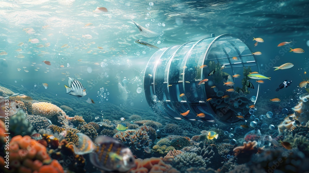 Fish swim around underwater tidal energy generator, highlighting ...