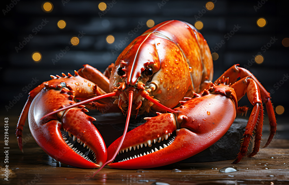 Red lobster lives in sea or ocean on floor wood brown in black ...