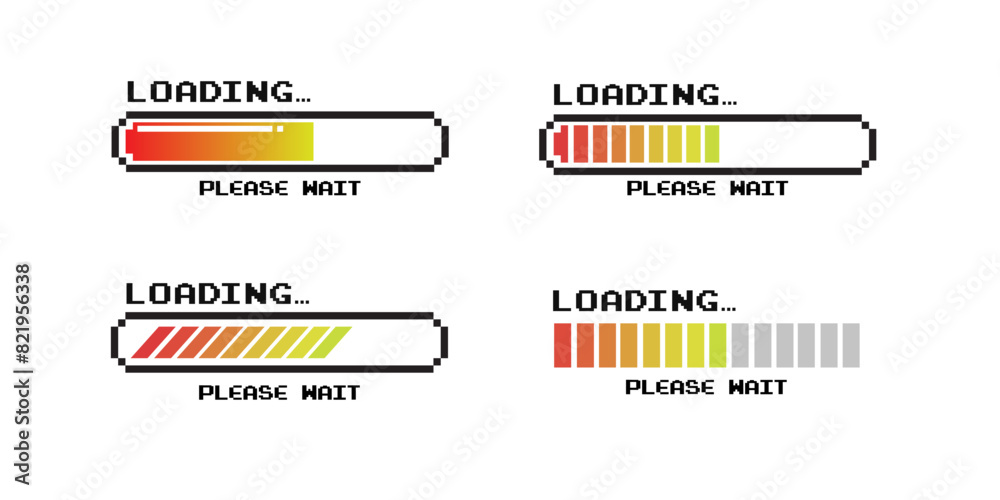 Pixel art 8-bit loading bar concept. Loading icons set.Load bar collection. loading icons on ...