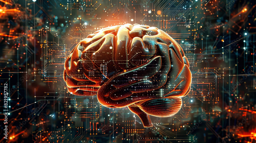 Human brain and microcircuit merging, symbolizing AI's potential to ...