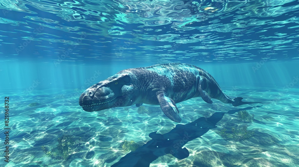 3D rendering depicting a mosasaurus swimming in shallow waters during ...