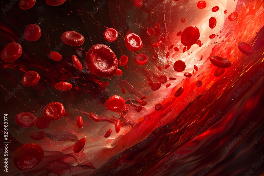 Normal blood vessel, vein with red cells erythrocytes inside close up ...