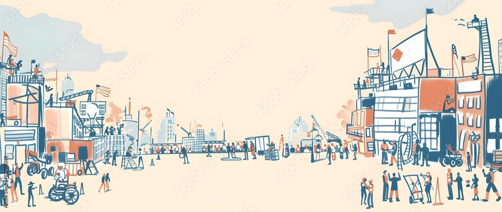 Bustling Vintage Labor Day Scene with Factories Flags and Worker ...
