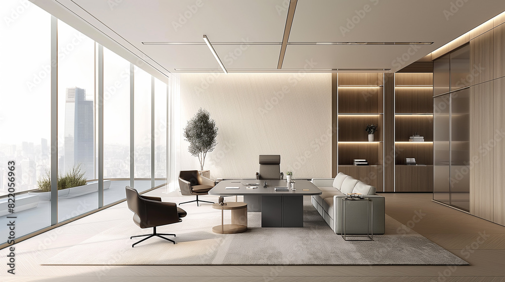 Modern office space featuring sleek furniture, expansive windows, and ...