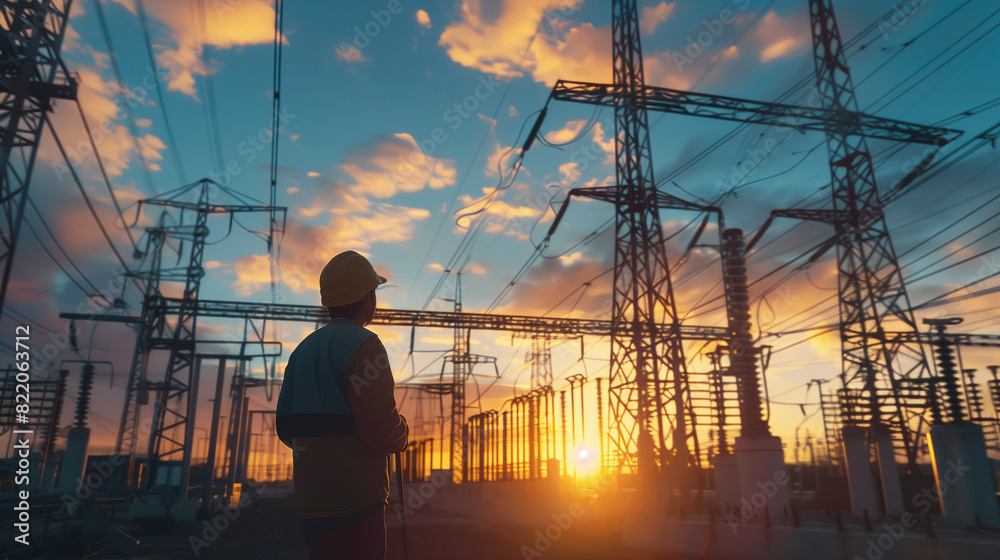 Electrical substation engineer inspect modern high-voltage equipment ...