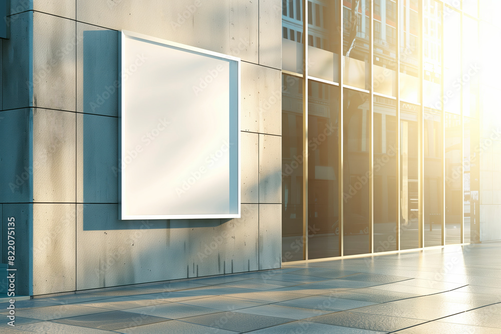 Blank billboard on the facade of a modern building with a glass window ...