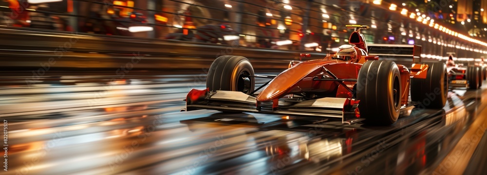 Multiple colorful race cars blur as they speed down racetrack. Modern ...