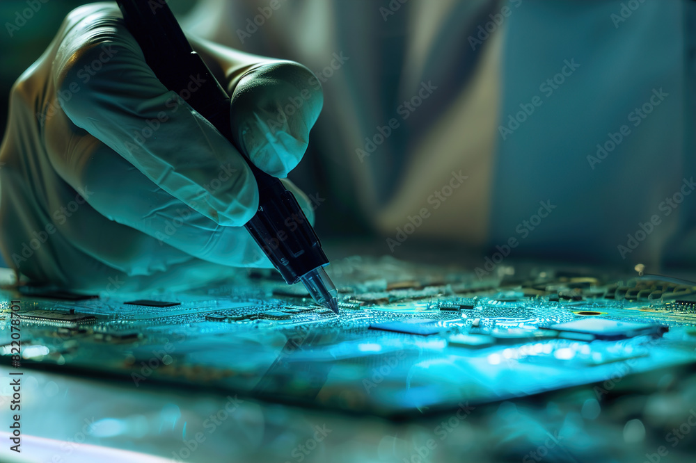 Engineer analyzing circuit boards for precious metals extraction in e ...