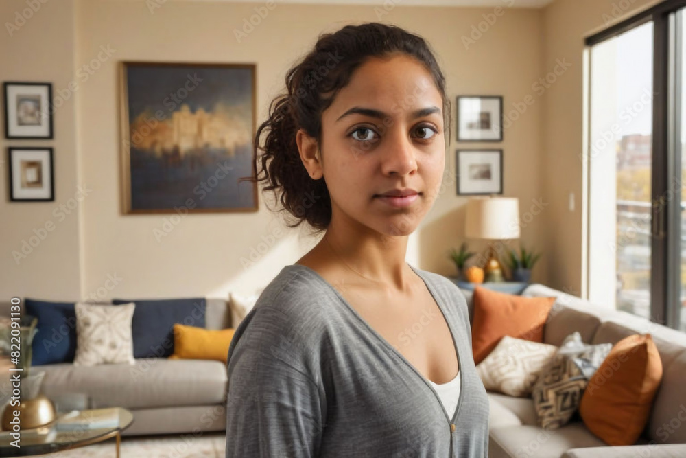 Headshot portrait of confident young Indian woman renter or tenant pose ...