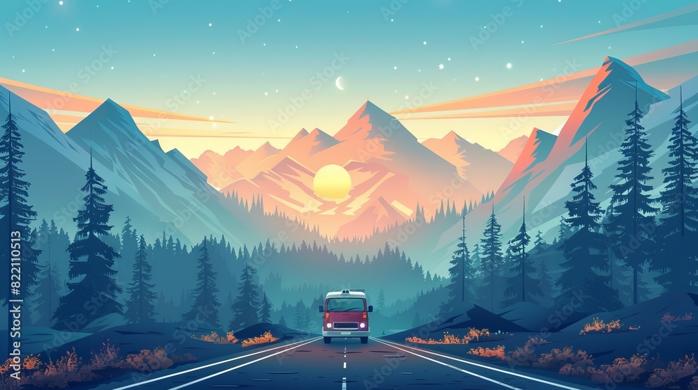 Summer road trip animation with mountains. Vehicle driving and nature ...