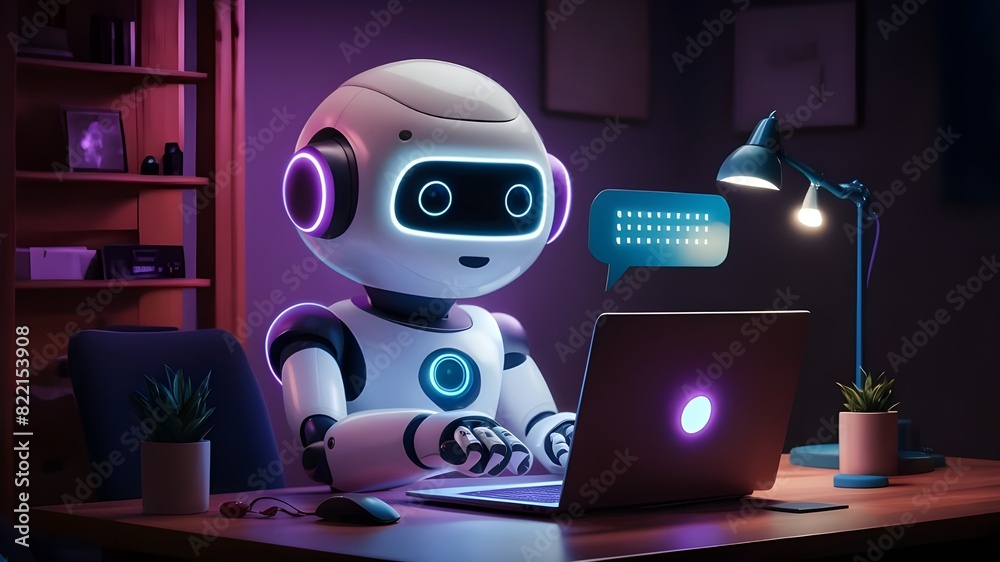 Cute friendly artificial intelligence robot using laptop computer with purple neon glow light ...