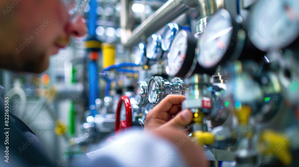 Chemical plant operator in protective clothing, checking equipment and ...