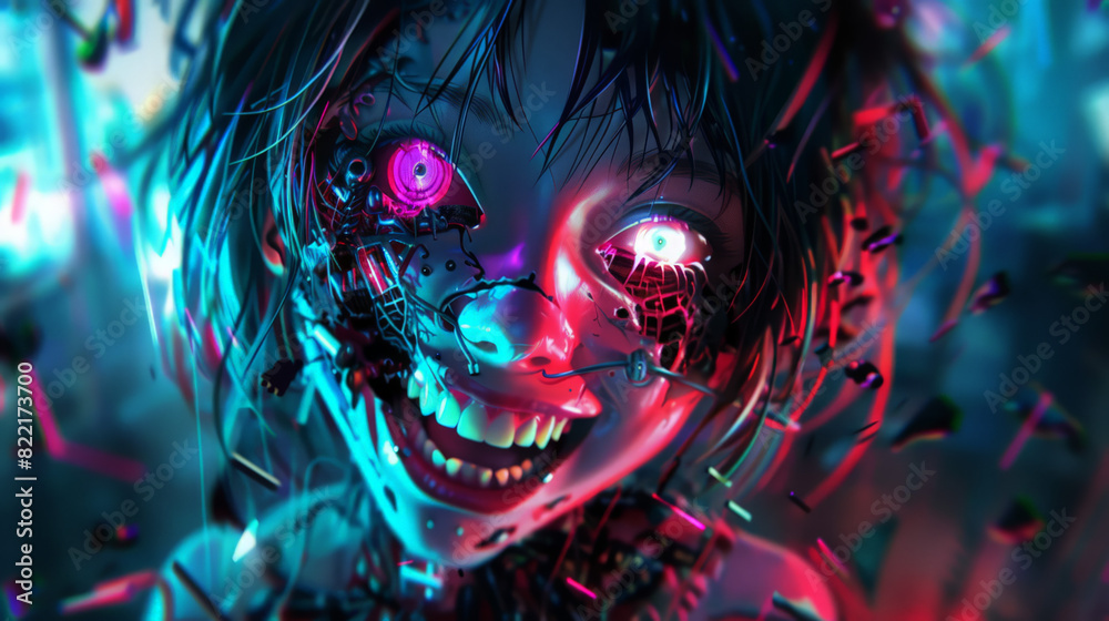 a high - quality depiction of anime cyborg girl, evolved into a Monster ...