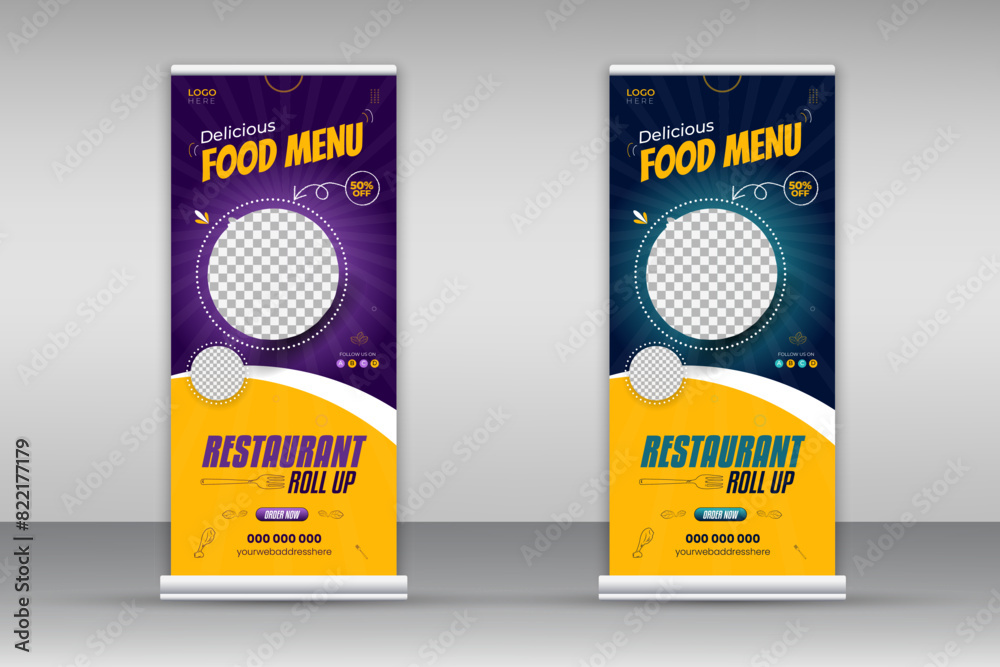 Delicious food menu roll-up banner design template for restaurant in ...