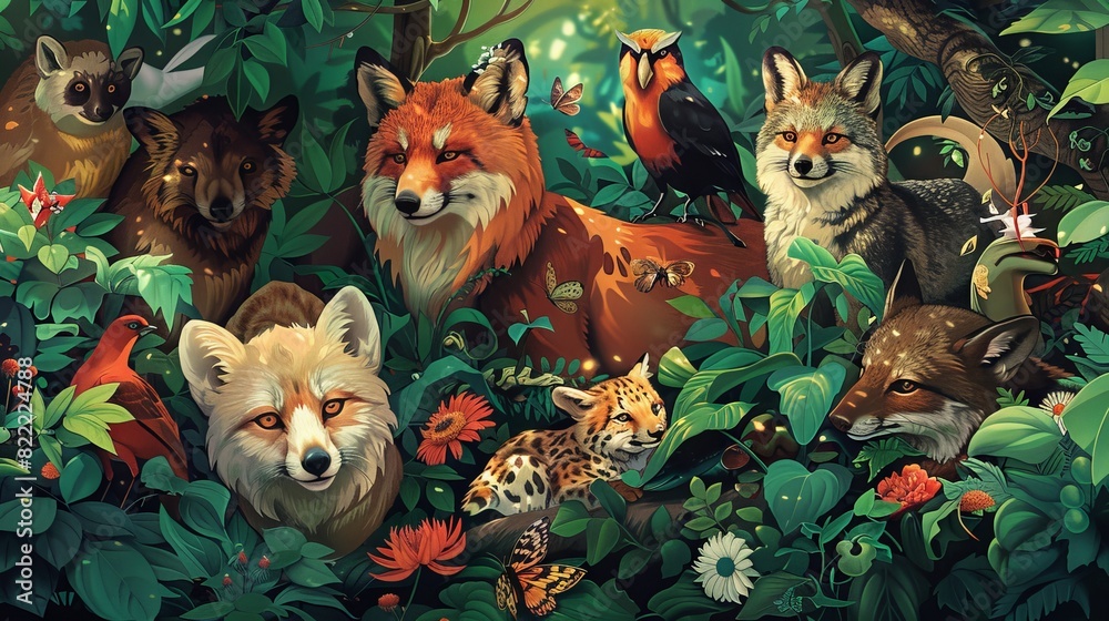 A wildlife conservation illustration showcases diverse species of ...