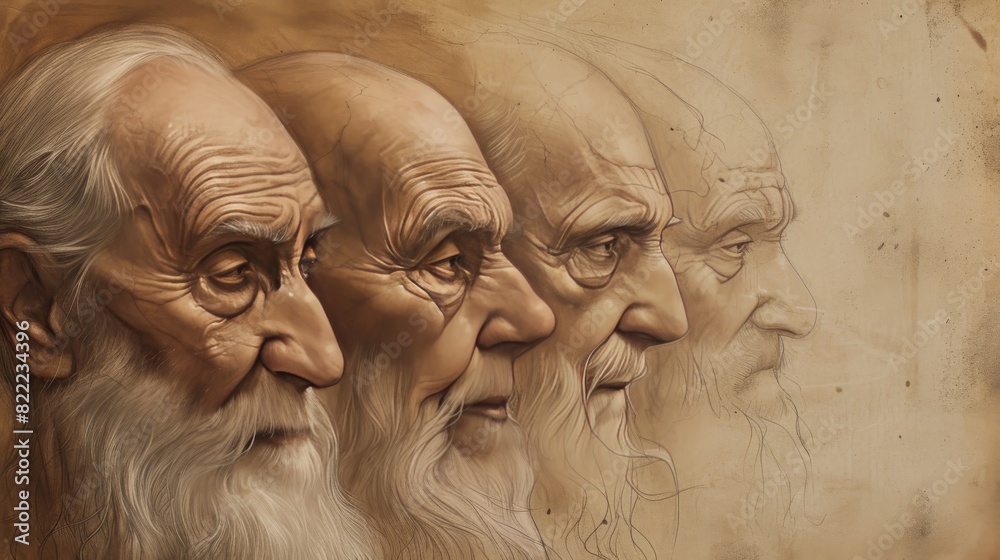 Artistic representation of an elderly man's face shown in a sequence ...