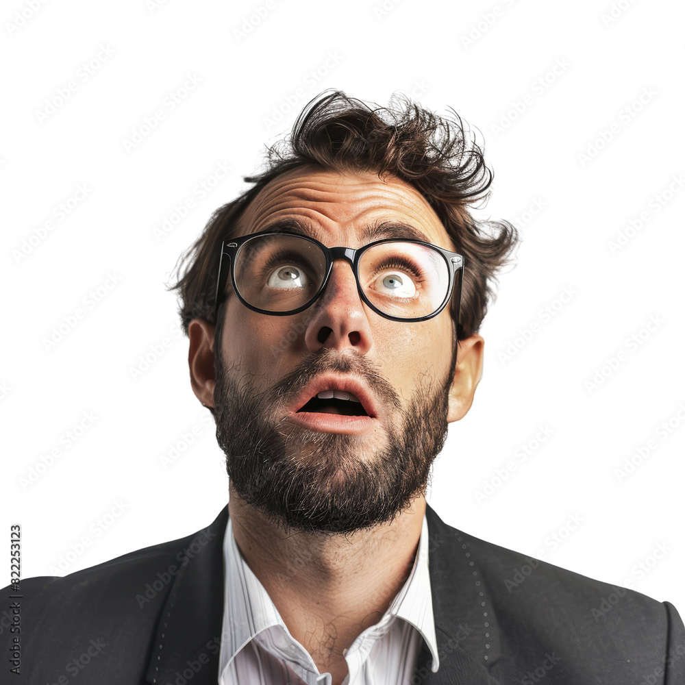 A man with glasses and a beard is looking up at the camera with wide ...