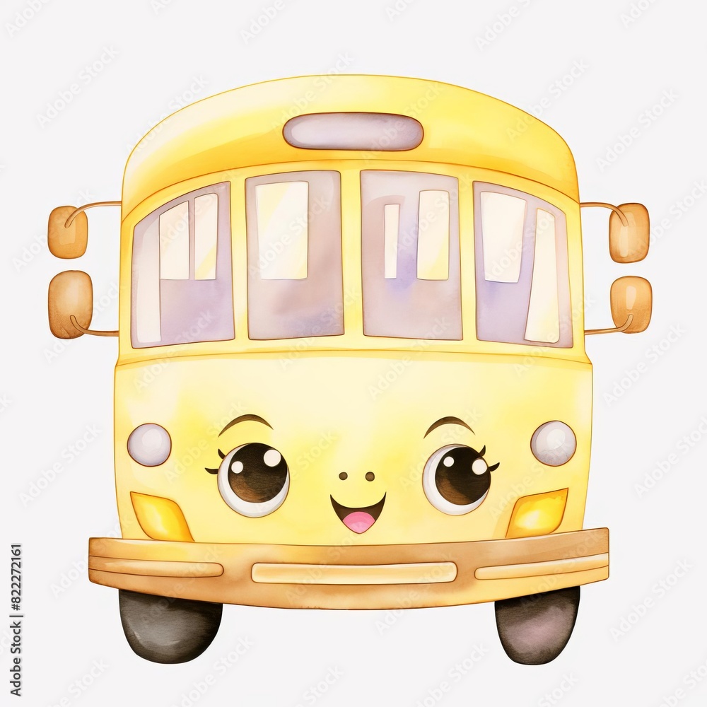 Cute cartoon yellow school bus with smiling face and big eyes on white ...