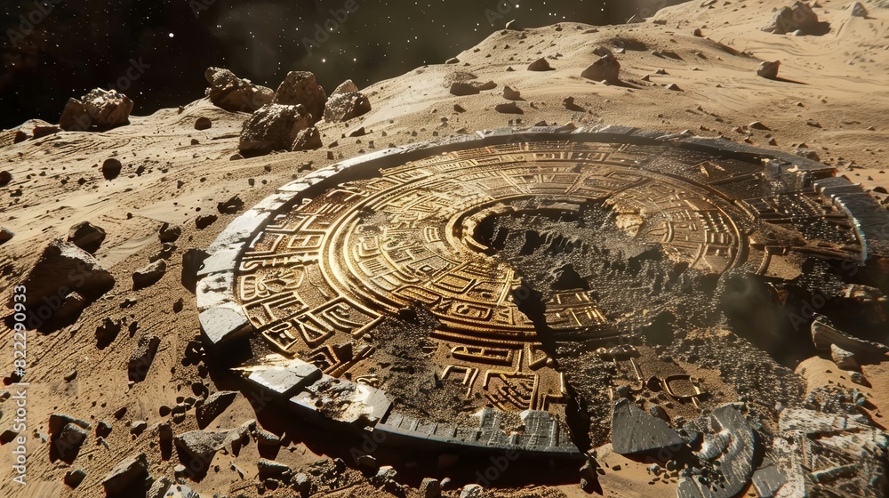 Ancient alien artifact on a desolate desert planet's surface, partially ...