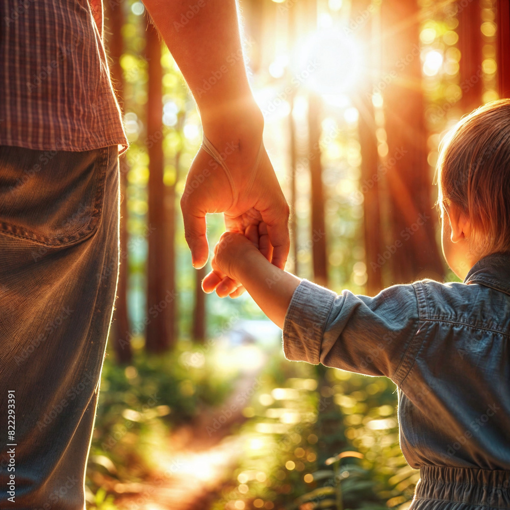 father and little son holding hands in sunlight. father's hand lead his ...
