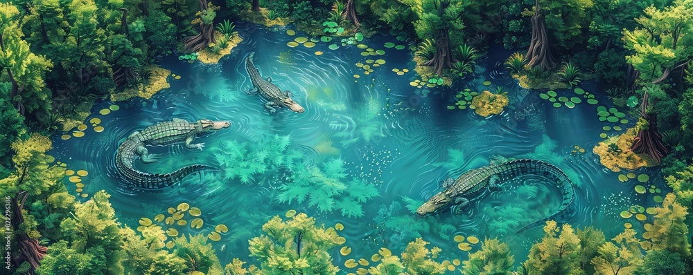 Swamp with crocodiles flat design top view wildlife habitat theme ...