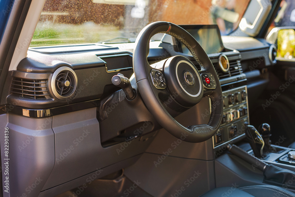 Close-up view of the modern interior of an INEOS Grenadier off-road ...