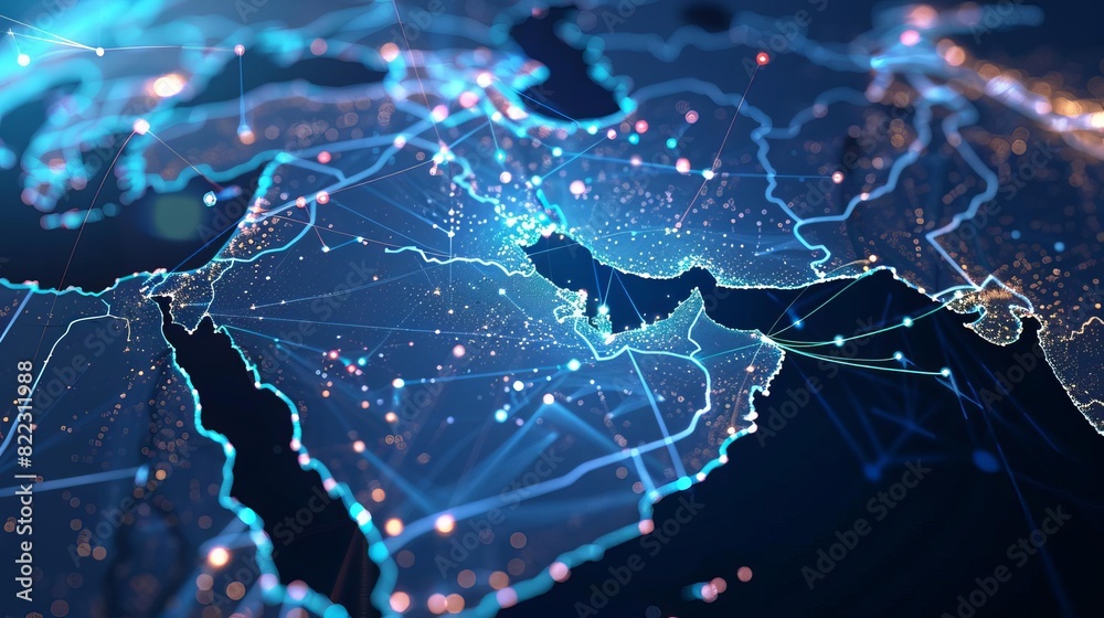 abstract network map of saudi arabia connecting middle east and north ...