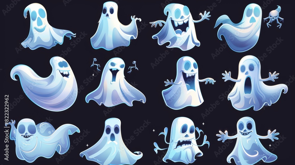 Set of ghost characters with various emotions isolated on black ...