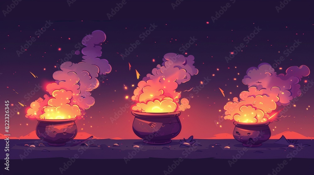Cartoon modern illustration of a magic potion brew pot with steam cloud ...
