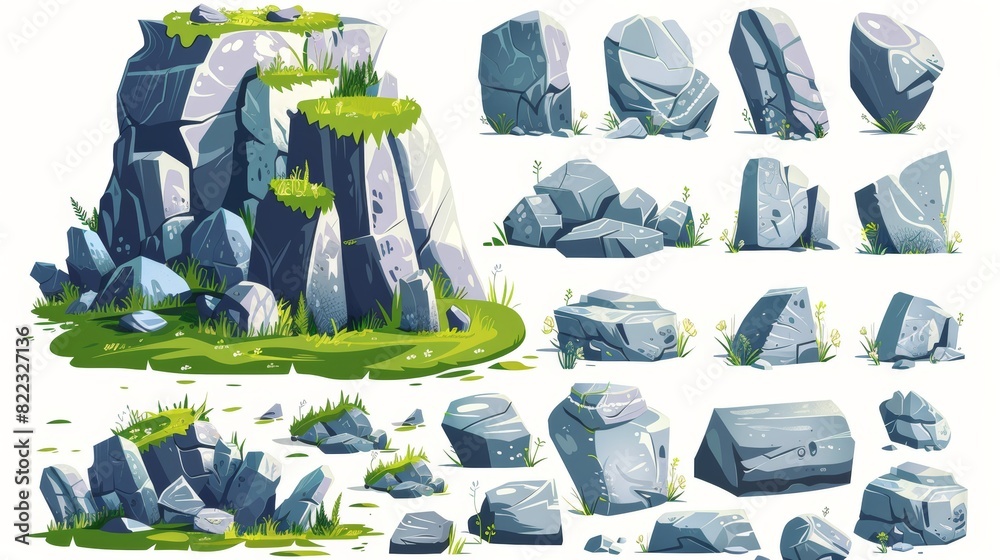 Cartoon illustration set of large rock cliff for canyon hill landscape ...