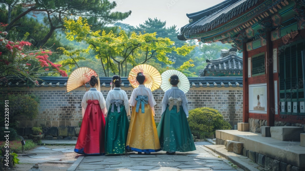 A group of friends wearing hanbok, posing with fans and parasols in a ...