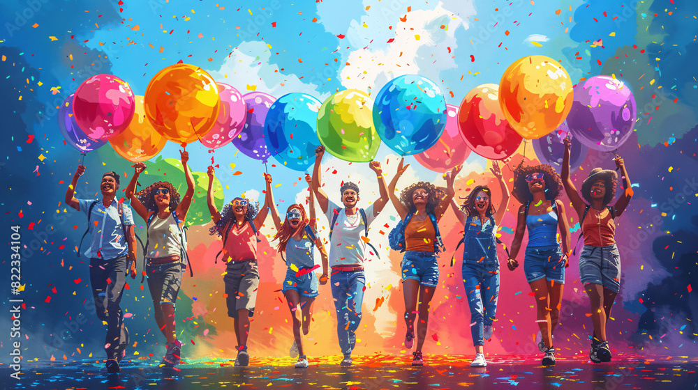 cartoon style illustration of diverse group of superheroes with rainbow ...