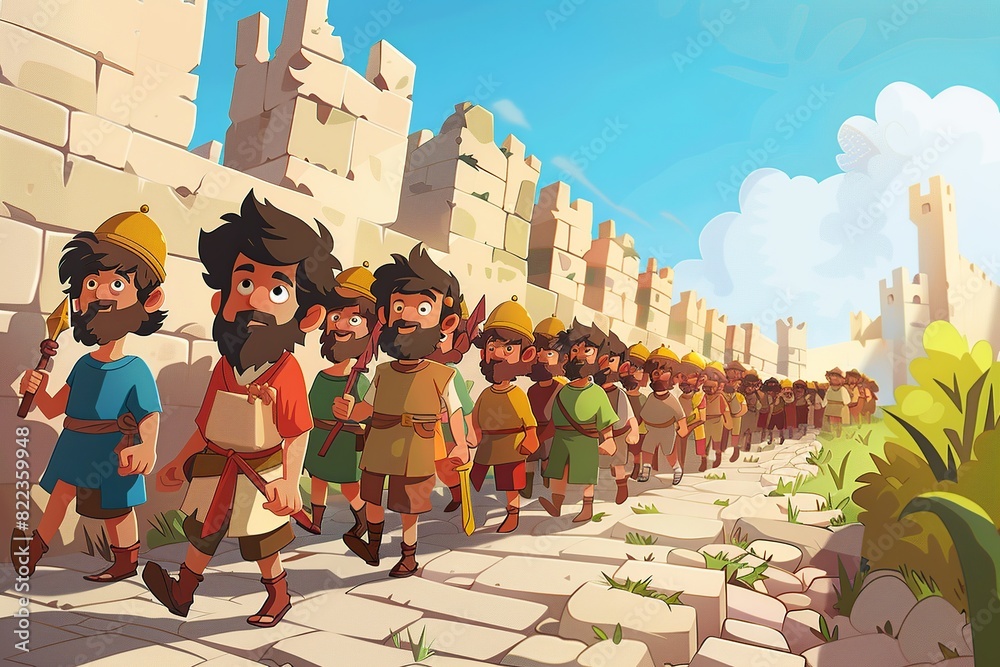 Step into a playful cartoon scene capturing Joshua and the Israelites ...