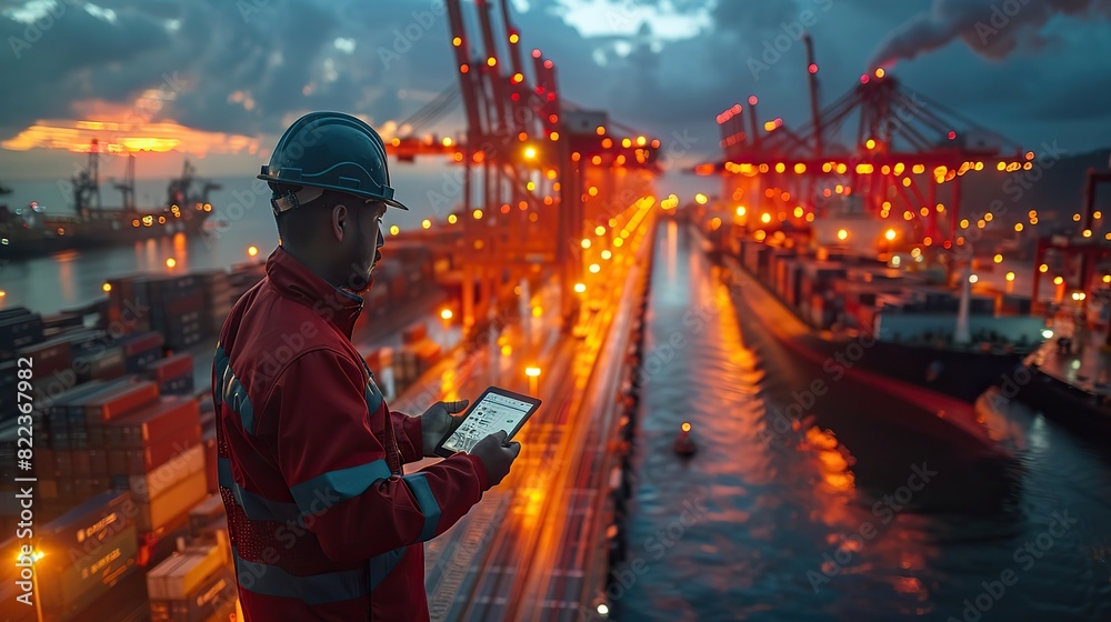 engineer wearing uniform inspection and see detail on tablet with ...