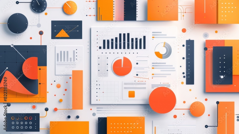 Abstract data visualization with charts and graphs in orange and gray ...