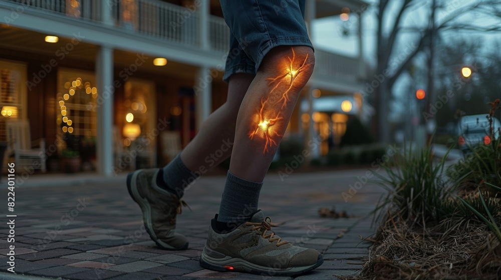 Full shot of patient focus on his painful knee joint highlighted ...