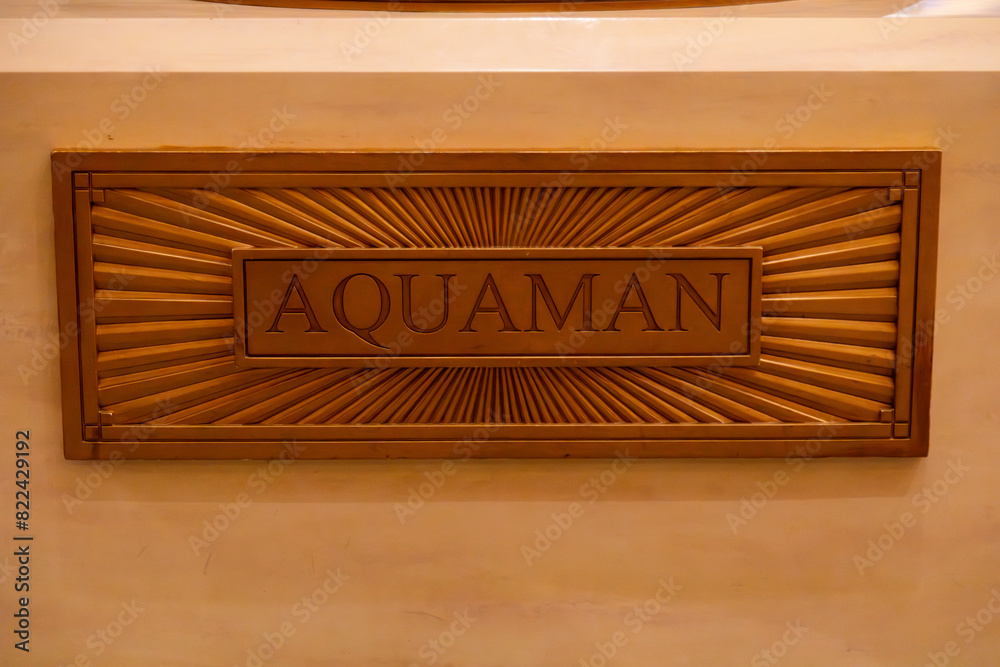 Abu Dhabi, UAE - March 22, 2024: A detailed view of a golden Aquaman ...