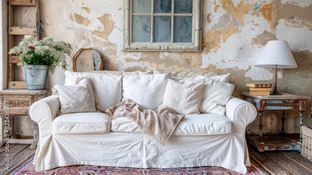 Living room interior design, consider including shabby chic elements in the composition, such as ...