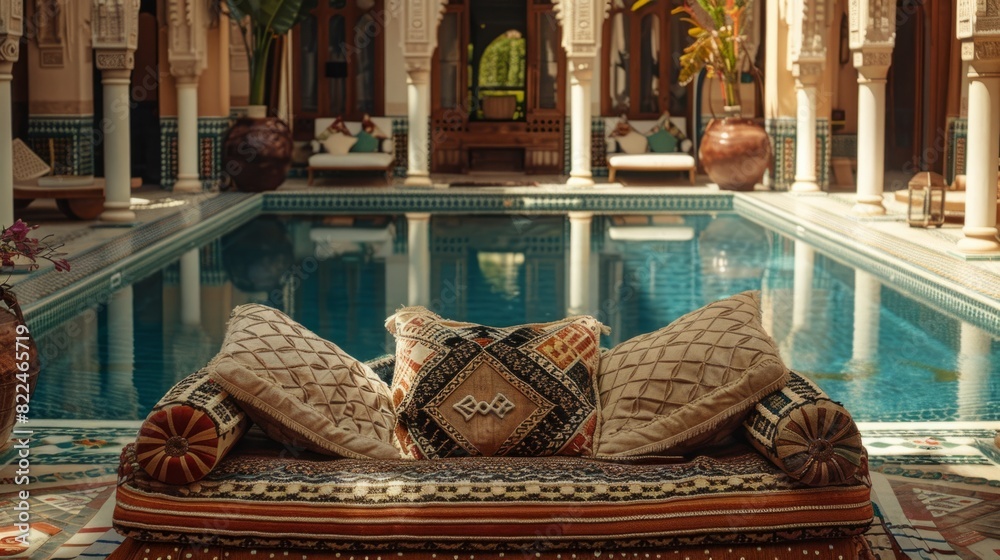 Summer pool area, showing the poolside lounge with the sofa with ...