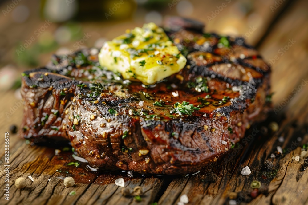 Juicy grilled steak with herb butter melting on top, close-up, char ...